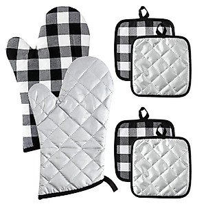 GROBRO7 6Pcs Buffalo Check Plaid Oven Mitts and Pot Holders Set Pure Cotton Heat Resistant Potholders Washable Durable BBQ Gloves with Hanging Loop for Safe Kitchen Baking Cooking Grilling White&Black