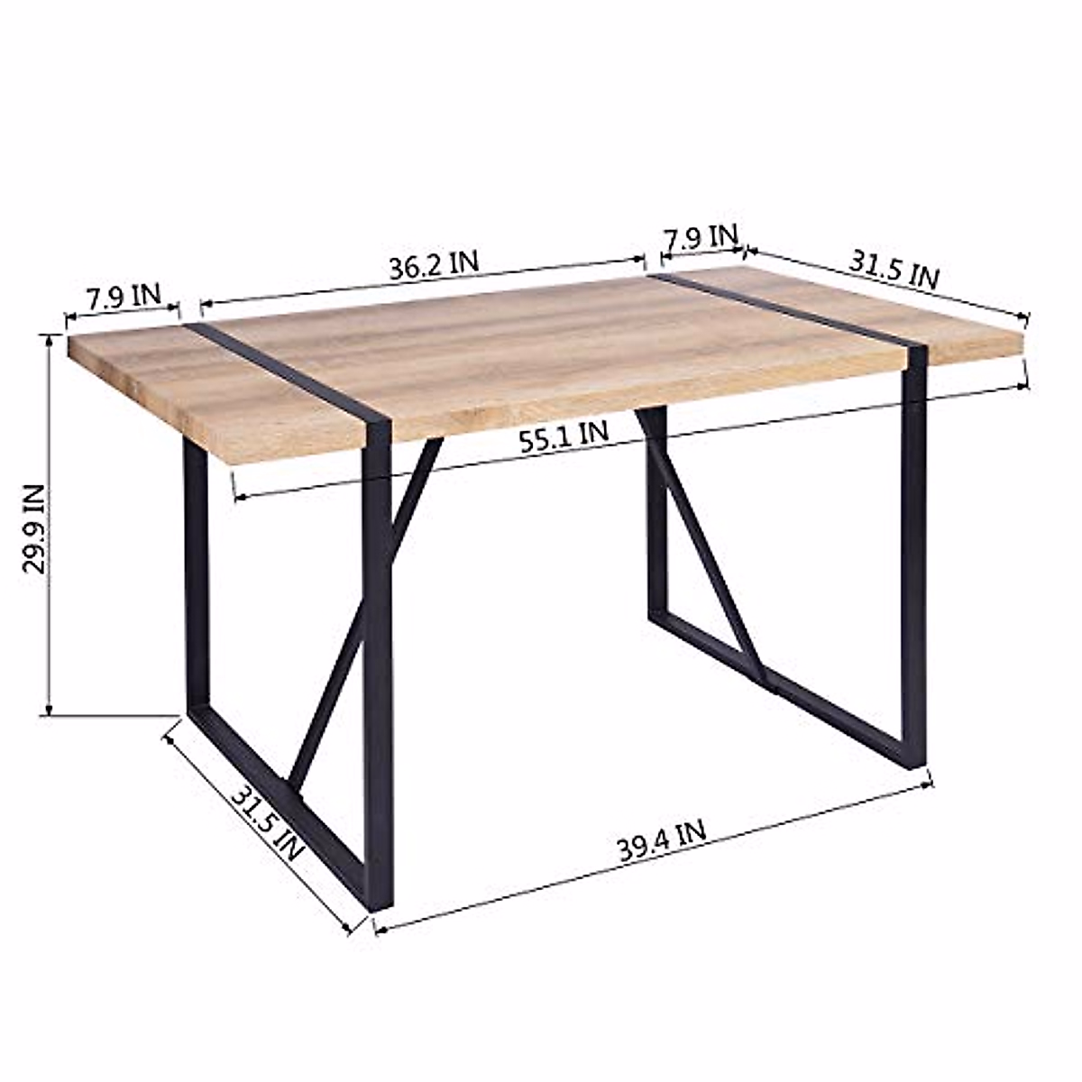 Modern Rectangular Dining Table, 31.5" x 55.1" Farmhouse Wood Kitchen Desk with Long Veneer Top and X-Shaped Steel Base, for 6 Living Room Small Spaces Dinning, Oak & Black