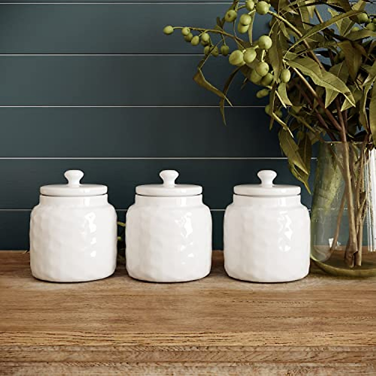 Barnyard Designs S/3 Ceramic Bathroom Canisters, Apothecary Jars with Lid, Qtip Holder Bathroom Set Cotton Ball Holder Jar for Bathroom Storage, Decorative Bathroom Jar with Lid, Spa Decor, 4x5, White