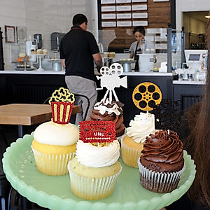 30 PCS Movie Cupcake Toppers Glitter Movie Night Roll Camera Popcorn Cupcake Picks for Hollywood Theme Baby Shower Kids Birthday Party Cake Decorations Supplies