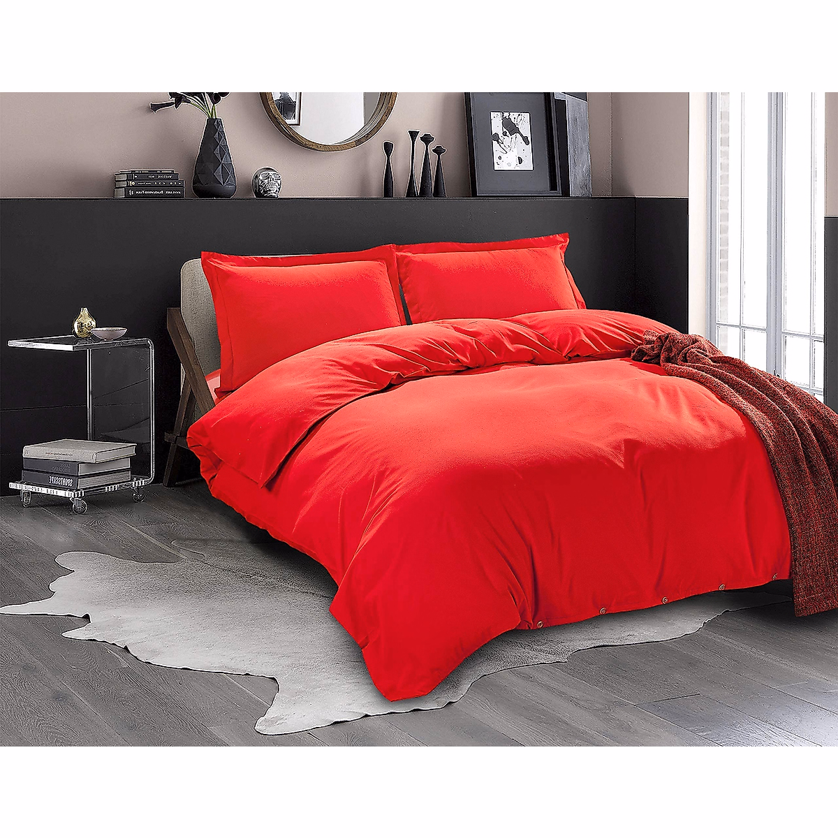 La Calypso Bedding 100% Cotton 600 Thread Count 4 Piece Duvet Set, 1 Duvet Cover with Button Closure & Corner Ties, 1 Fitted Sheet 21" Deep Pocket and 2 Pillow Cover (Queen Size, Red)