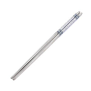 Madames Stainless Steel Chopsticks Kitchen Blue and White Porcelain Printed Chopsticks Reusable Flat Long Handle Chopstick for Home, Kitchen or Restaurant