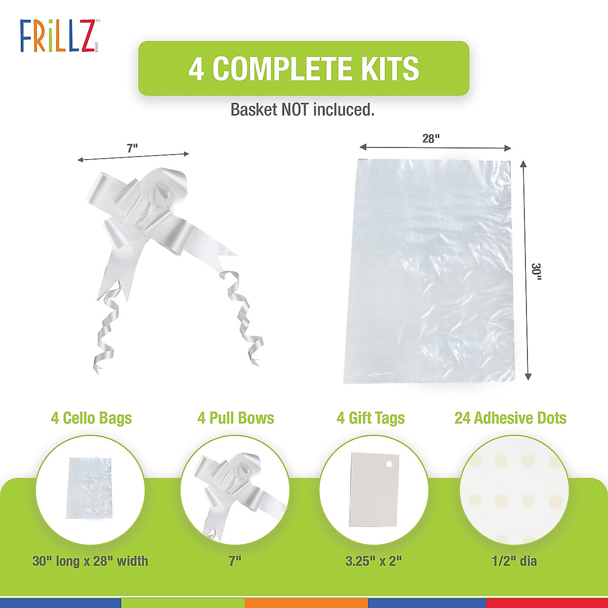 FRILLZ Cellophane Gift Basket Supply Kit, Includes 4 Clear Basket Bags, 4 Easy-pull Bows,4 gift tags and 24 adhesive dots. Create 4 elegant gift baskets with this kit.