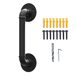 Muzata 1ft Staircase Handrail Black Pipe Handrail Door Barn Pull Handle Grab Bar Steps Hand Rail Galvanized Steel Industrial Style, HW24 BBG