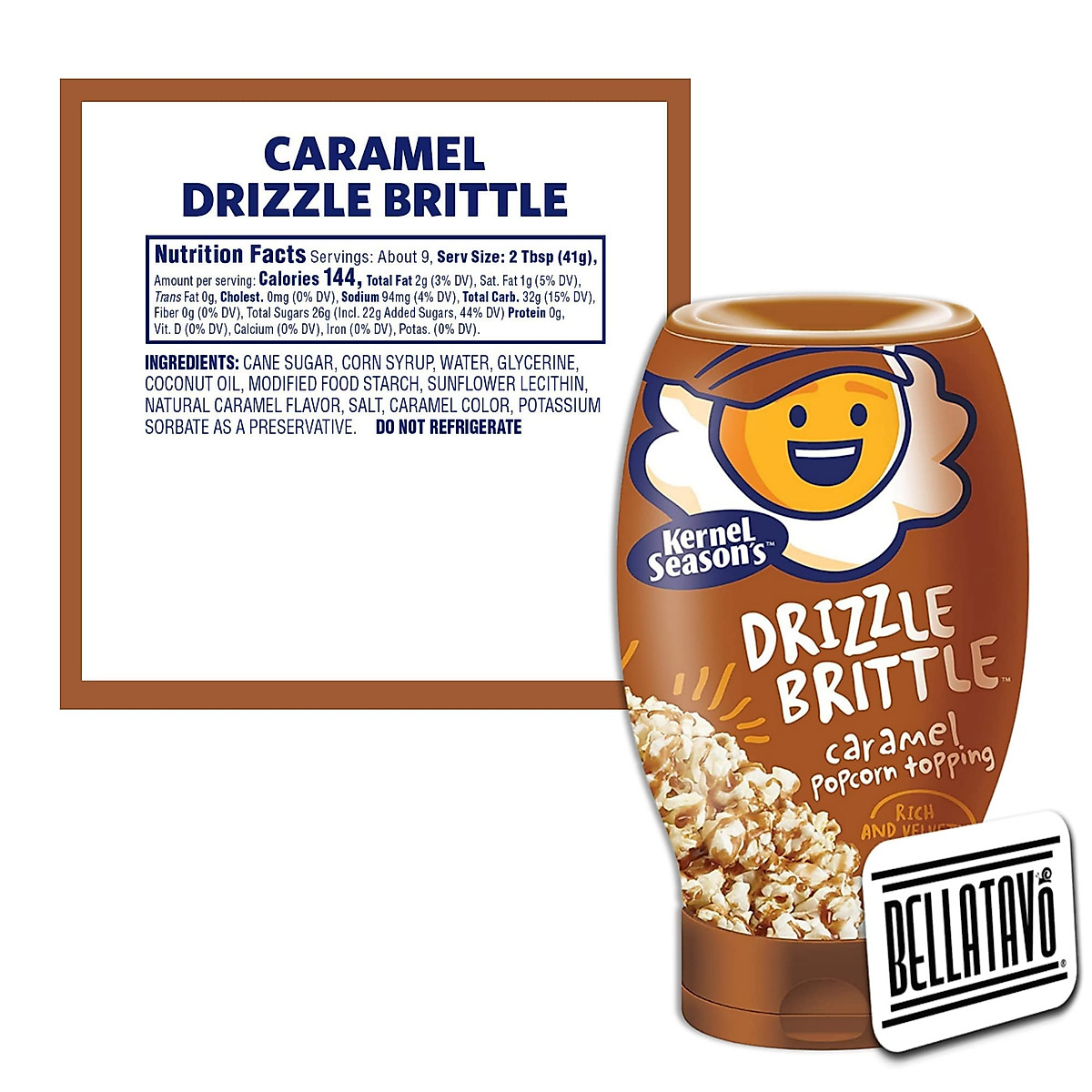 Popcorn Drizzle Sauce Bundle. Includes Two-13.1 Oz Kernel Seasons Drizzle Brittle Popcorn Topping. One Each Flavor: Caramel Drizzle and Chocolate Drizzle. Comes With a BELLATAVO Fridge Magnet!