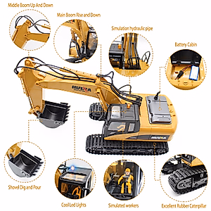 fisca Remote Control Excavator RC Construction Vehicles 15 Channel 2.4G Full Function Digger Toys with Metal Shovel Sound and Lights