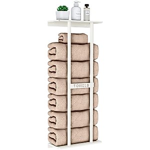 Wall Towel Rack for Rolled Towels, STWWO Towel Storage for Small Bathroom Can Holds 6 Large Towels, 30 inch Towel Racks with Shelf, White