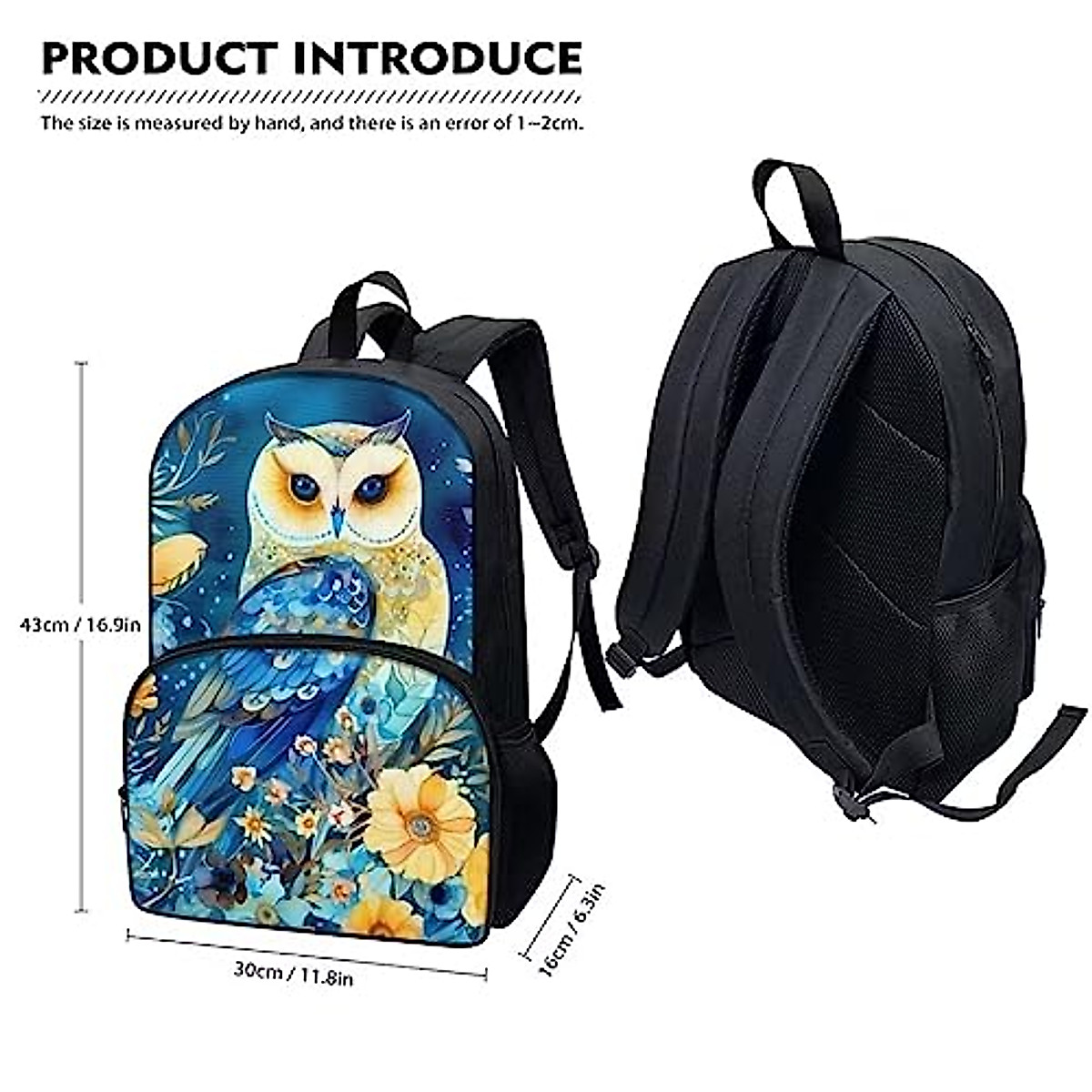 Pinupub Kids Blue Owl Flowers Backpack 3pcs Set Including 17 Inch Large School Bag With Lunch Bag And Practical Pen Bag