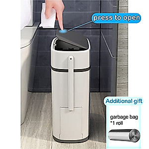 COMODID 3.7 Gallons Bathroom Trash Can with Toilet Brush Holder 14 Liter White Plastic Garbage Can with Black Locking Press Top Lid | Dogproof Slim Rectangular Trash Bin for Toilet, Black lid