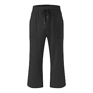 DASAYO Coupons and Promo Codes for Prime Linen Pants Women Summer 2023 Elastic Waist Drawstring Solid Color Loose Fit Capris Fashion Casual Cropped Pant Linen Pants Black L