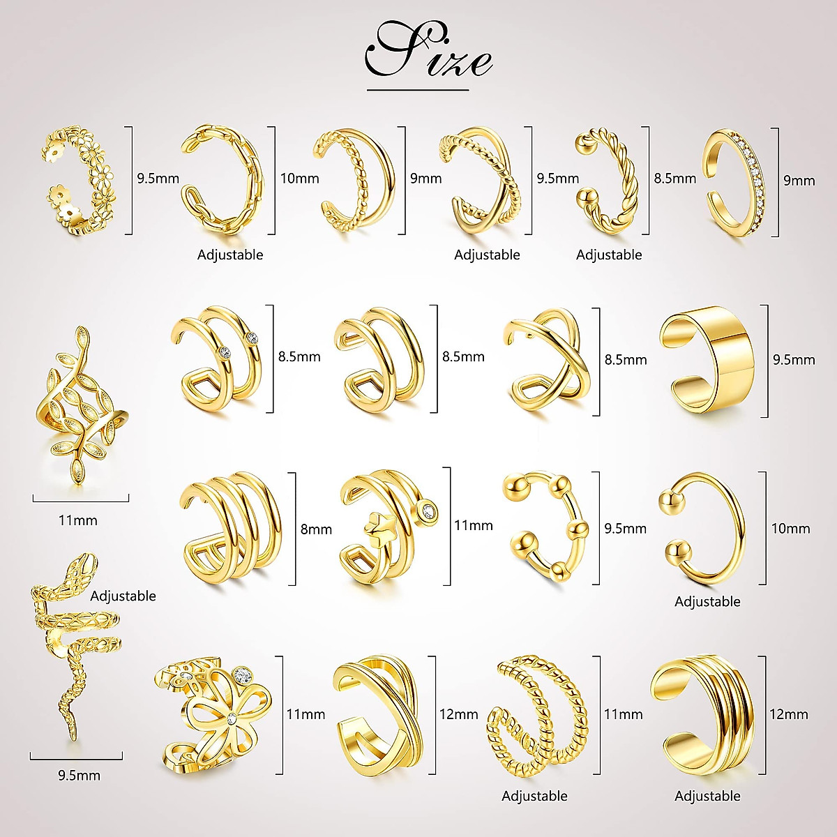 JeryWe 20Pcs Single Ear Cuffs Earrings For Women Non Piercing Ear Cuff Gold Flower Cz Helix Cartilage Cuff Earrings Clip On Wrap Earrings For Women