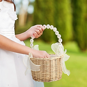 2PCS Wicker Rattan Flower Girl Basket Wedding Flower Girl Basket Pearl Carrying Basket Small Flower Basket with Pearl Handle Rattan Basket for Weddings Bridal Anniversary Party Decor(Brown)