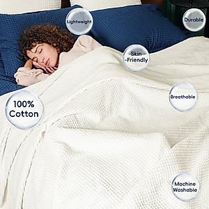 PHF 100% Cotton Waffle Weave Blanket King Size 104" x 90"-Lightweight Washed Soft Breathable Blanket Perfect for Summer -Great Blanket Layer for Couch Bed Sofa-Elegant Home Decoration - Cream