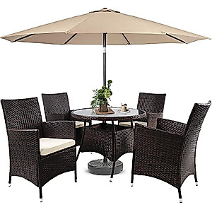 SUNCROWN 5 Piece Outdoor Dining Set All-Weather Wicker Patio Dining Table and Chairs with Cushions, Tempered Glass Tabletop with 9 FT Patio Umbrella for Patio Backyard Porch Garden Poolside, Round