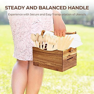 PANDAWOOD Acacia Wood Silverware Caddy - Outdoor Utensil Holder for Parties, Camping & Picnics
