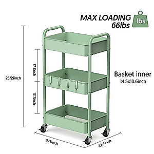 Anyyuk 3-Tier Rolling Storage Cart, Metal Utility Cart with Wheels and Hooks Mobile Art Cart Kitchen Organizer Storage Carts for Bathroom Office Bedroom