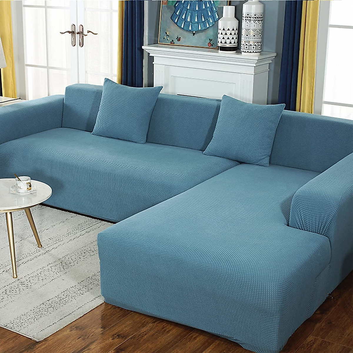 Sectional Couch Covers L Shape,Stretch Velvet Sofa Covers Anti-Slip Sectional Couch Covers,Soft Washable Furniture Protector with Pillowcases for 1 2 3 4 Seater Sofa Cover,Blue,1 Seat(90~140cm)