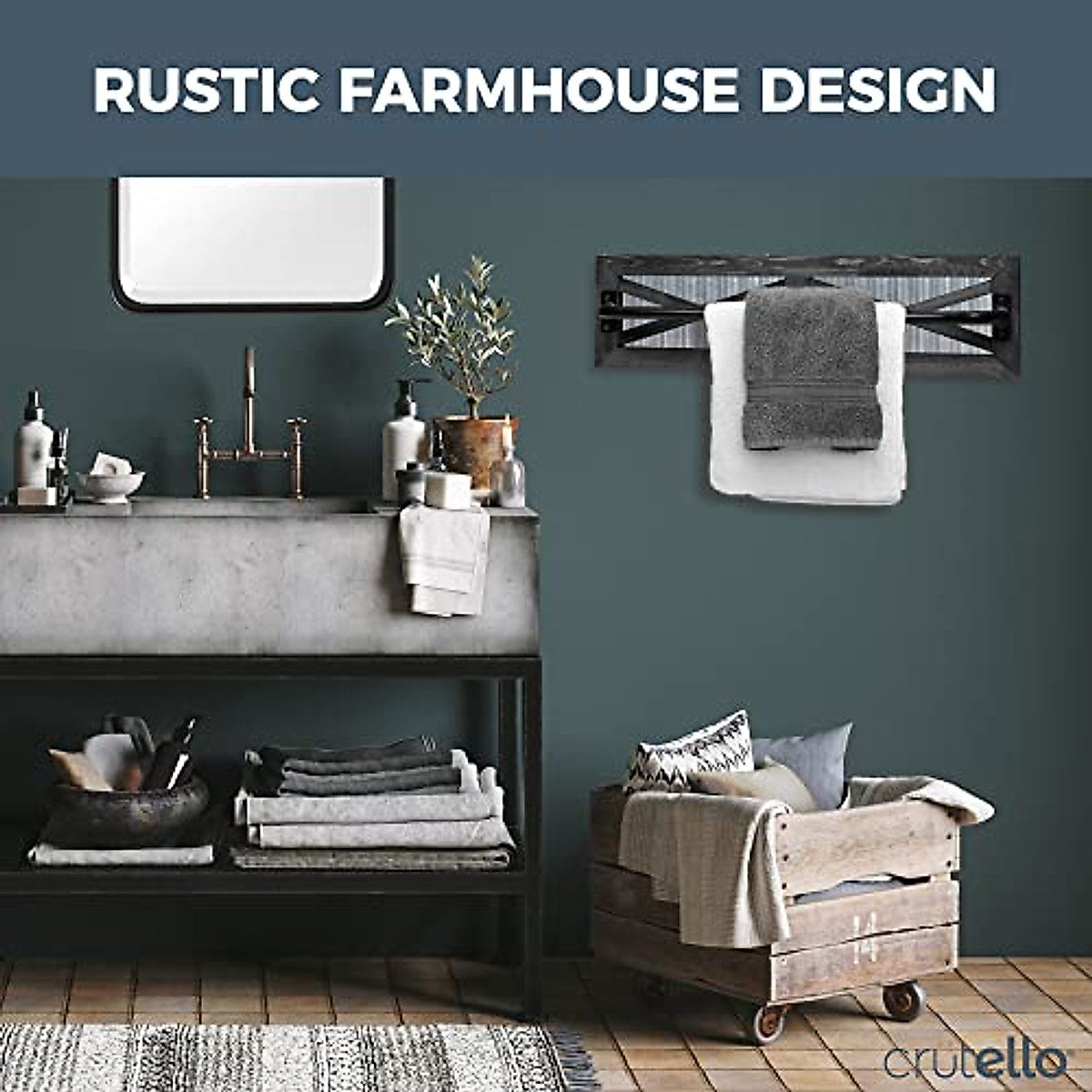 Crutello Rustic Towel Bar with Galvanized Backing for Bathrooms, 24x6 Inches - Wall Mounted Towel Rack Black Wood & Black Metal Bar, Farmhouse Decor