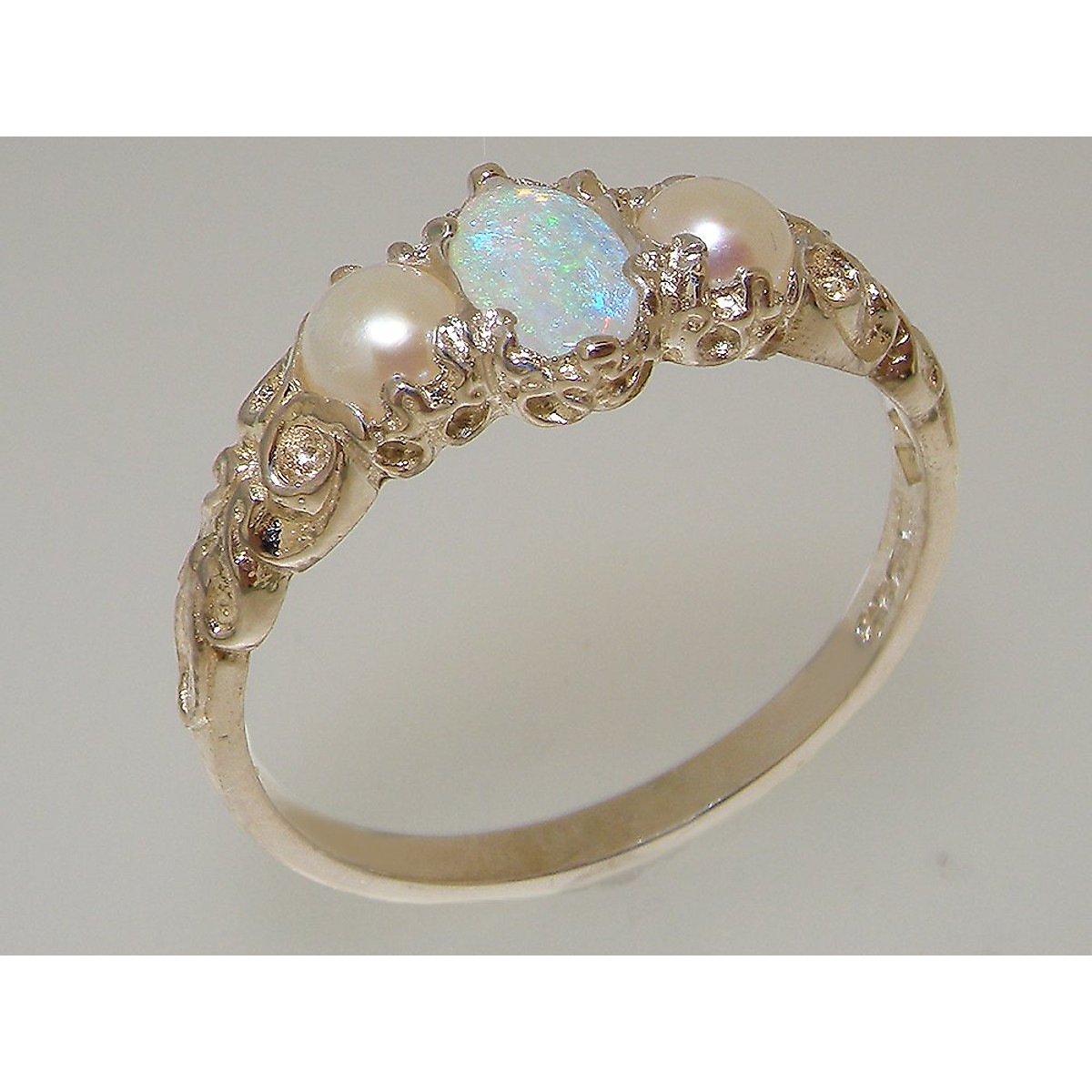 LetsBuyGold 925 Sterling Silver Natural Opal & Cultured Pearl Womens Trilogy Ring - Size 6.75