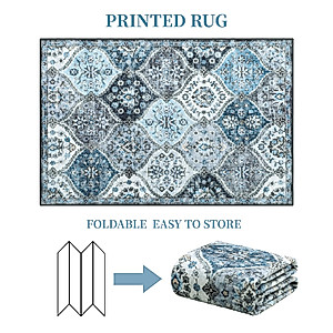 GarveeHome Washable Area Rug Moroccan Trellis Living Room Rug Non-Slip Stain Resistant Accent Rug Vintage Distressed Floral Floor Cover Carpet for Bedroom Laundry Room, 4' x 6', Blue/Grey