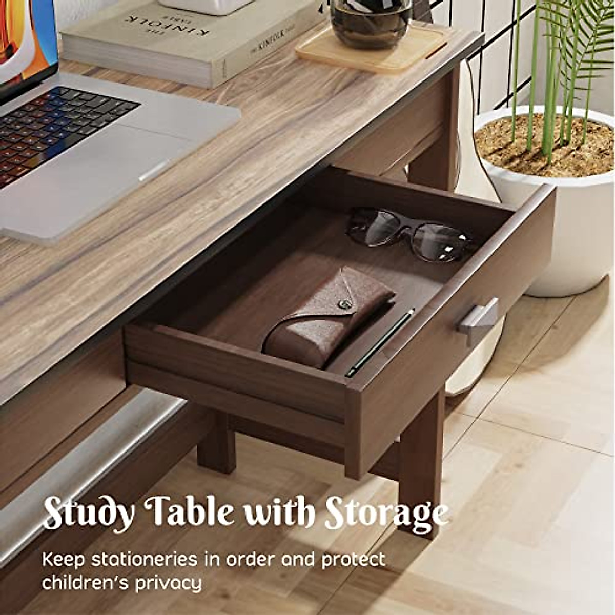 Tangkula Study Desk & Chair Set, Kids Learning Table with Drawer, Ergonomic Chair with Inclined Backrest, Students Computer Workstation with Solid Rubber Wood Feet, Teen Desk & Chair Set