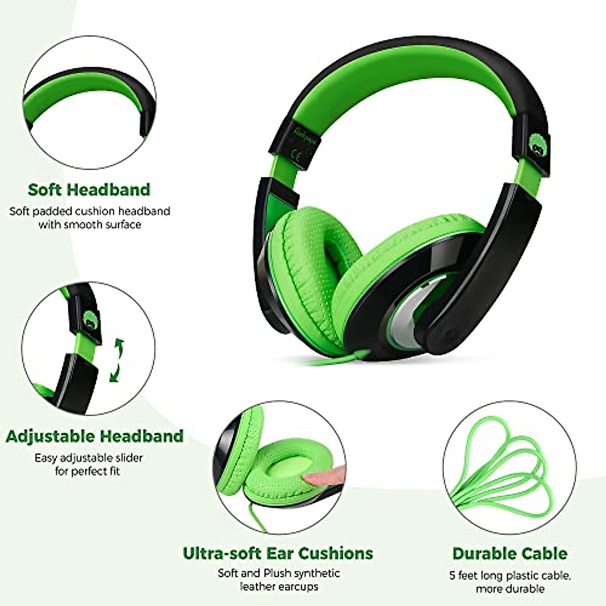 rockpapa Comfort Kids Headphones for School, Lightweight Childrens Boys Girls Teens Over-Ear Headphones Wired 3.5mm for CD DVD Player Tablet Phone Travel Black/Green