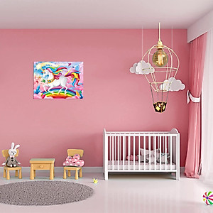 Unicorn Rainbow Wall Art Unicorn Decor for Girls Bedroom Pink Unicorn Painting for Kids Baby Nursery Cute Cartoon Unicorn Canvas Print Framed Artwork Birthday Gifts for Daughter Ready to Hang 16"x12"