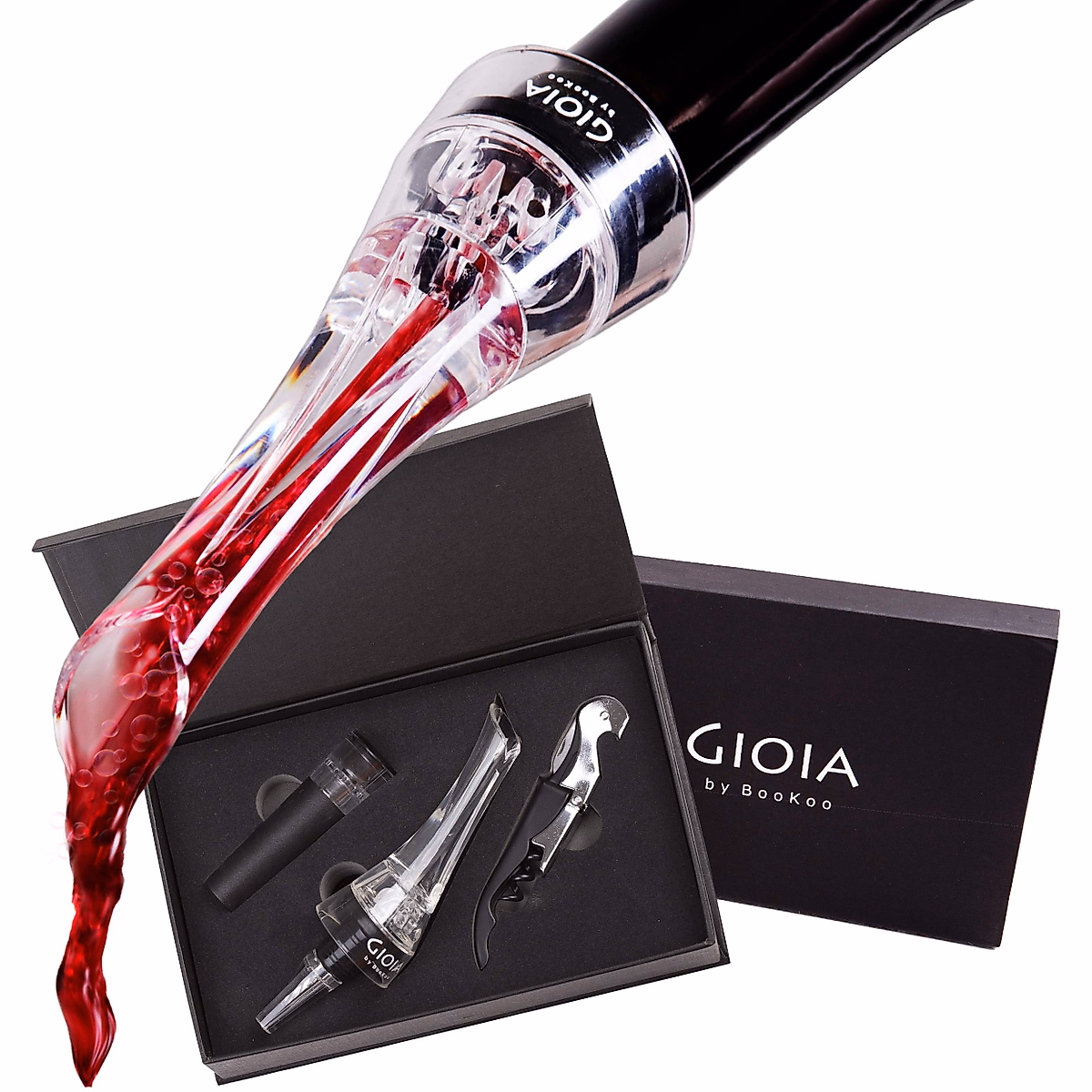 GIOIA Wine Aerator Pourer Set: Premium Wine Decanter Spout with Vacuum Stopper Pump and Corkscrew, Home Essentials in Stylish Gift Box