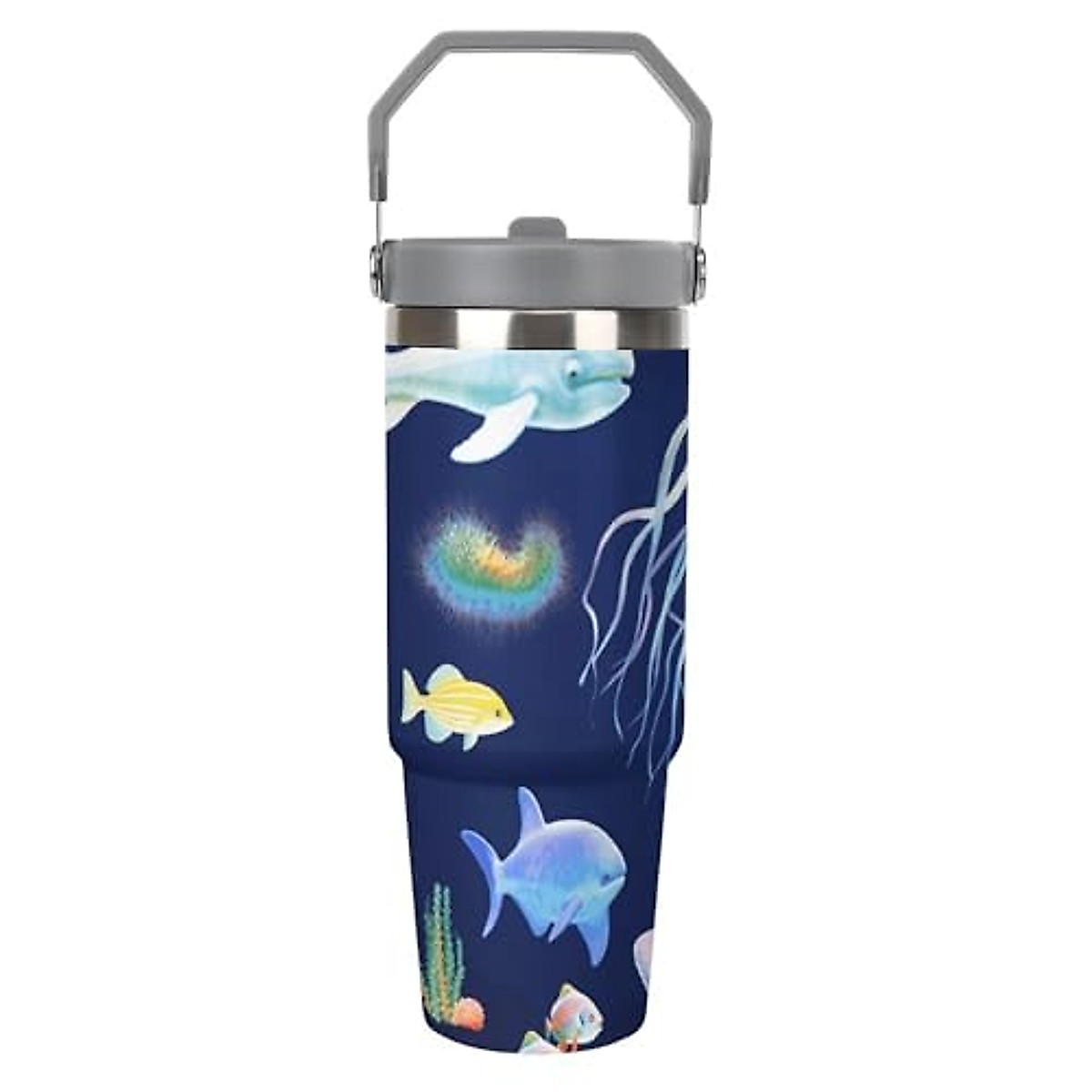 WITHSBKK 30oz Car Cup Aquatic Sea Animal Printed with Portable, Stainless Steel Travel Mug, Vacuum Insulated Tumbler And Straw, Leakproof for Car & Outdoor, UV Printed Design