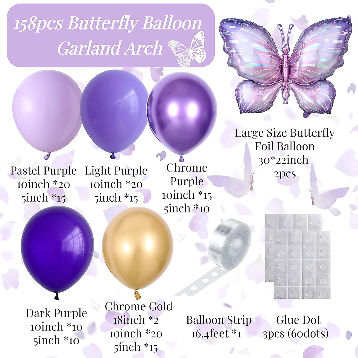 Enanal Purple Butterfly Balloon Garland Arch Kit, 158pcs Purple Chrome Gold Balloons with Butterfly Foil Balloons for Girl Birthday Baby Shower Party Supplies Bridal Shower Wedding Decoration (Purple)