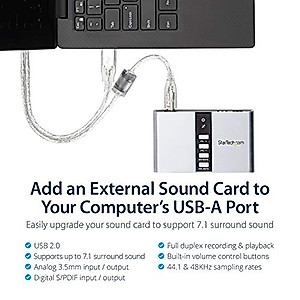 StarTech.com 7.1 USB Sound Card - External Sound Card for Laptop with SPDIF Digital Audio - Sound Card for PC - Silver (ICUSBAUDIO7D)