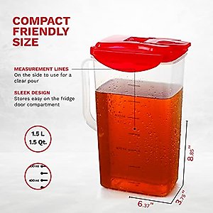 Pitcher 50 Oz. | Plastic Pitcher with Lid | Jug for Fridge | Juice Container with Lid | Iced Tea Pitcher | Airtight Pitcher with Spout Perfect for Lemonade, Water. BPA Free, Red (Small))