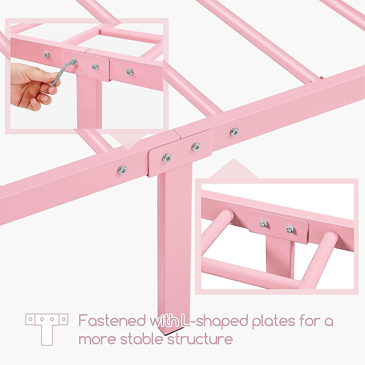 Yaheetech Twin Size Bed Frame Metal Platform Bed Frame Mattress Foundation with Spindle Headboard & Footboard/No Box Spring Needed/14 Inch Underbed Storage/Firm Support & Easy Set up Structure, Pink