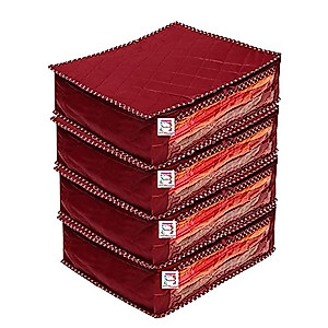 atorakushon Fabric Foldable Saree Covers Garments Clothes Storage Bag Wardrobe Organizers With Double Zip Lock For Lehenga Suit Dress Accessories 4 Pieces Maroon