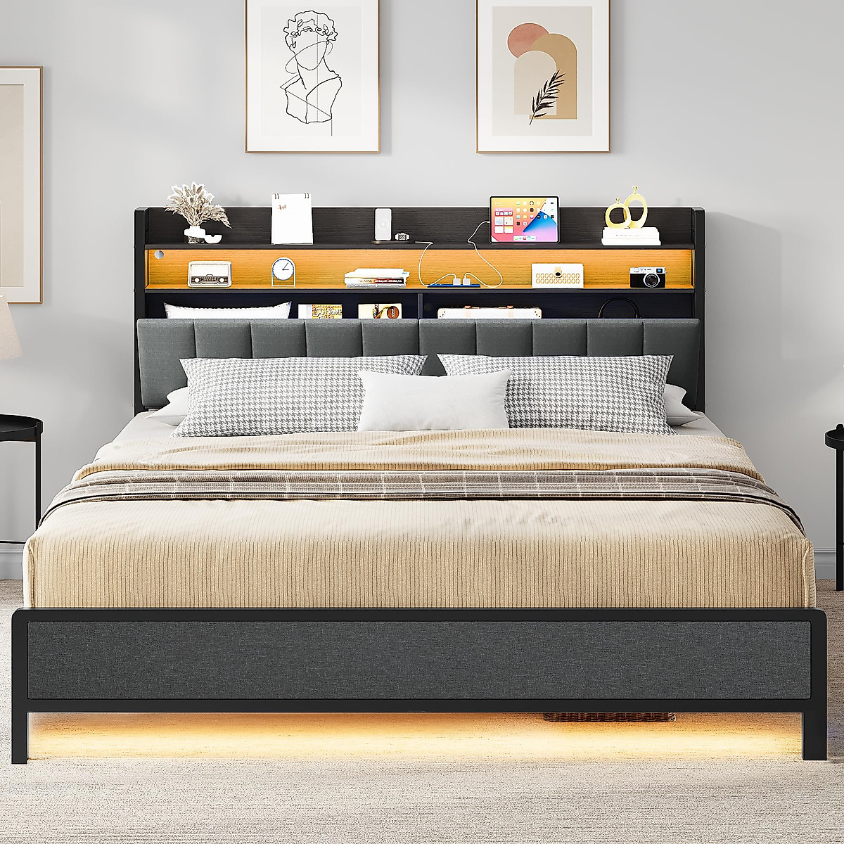 YITAHOME King Size Bed Frame, LED Bed Frame with Storage Headboard, Platform Upholstered Bed with Charging Station, Heavy-Duty Metal Slats, No Box Spring Needed, Fast Assembly - Gray