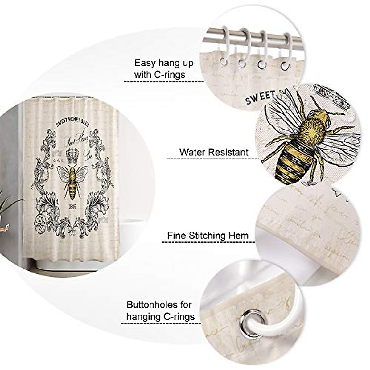 4 Piece Shower Curtain Sets with Bath Rugs Spring Farm Bee Floral Wreath Retro Newspaper,Non-Slip Floor Mat,Toilet Lid Covers,U-Shape Contoured Pad Bumblebee Crown Bathroom Set for Home Decor