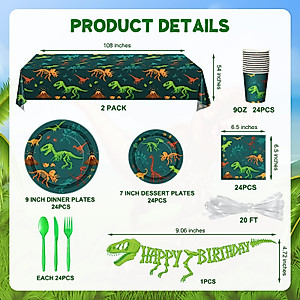 Uiifan 171 Pcs Dinosaur Party Supplies Include Dinosaur Birthday Paper Plates Cups Napkins Tableware Set Dinosaur Tablecloth Banner for Boys Kids Baby Shower Dino Theme Birthday Party Decorations