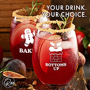 Funny Christmas Wine Glasses - “Baked, Lit, Bottoms Up, Blitzened” Printed Stemless Wine Glass Set of 4 - Wine Holiday Gifts for Her - Christmas Cocktail Glasses and Drinkware by On The Rox Drinks