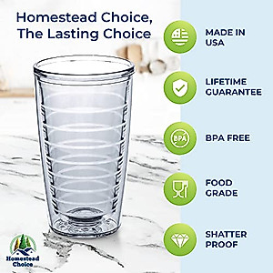 Insulated Drinking Glasses 16oz 4-pack - Made in USA Great for Iced Coffee & Hot Drinks, Clear Double Wall Plastic Tumbler Cups, Microwave, Freezer & Top Rack Dishwasher Safe Reusable Cups