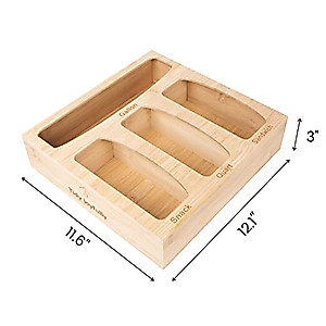 Bamboo Ziplock Bag Storage Organizer for Drawer and Wall-Mount; Gallon, Quart, Sandwich and Snack Plastic Bag Organizer; 4 Compartment Kitchen Drawer Organization and Storage for Baggies