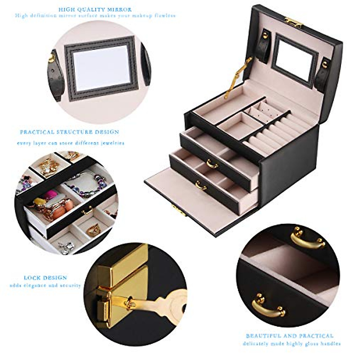 Jewelry Box 3-Layer Display Jewelry Box & Organizers with Lock and Mirror Portable Travel Jewelry Boxes for Women (Black)
