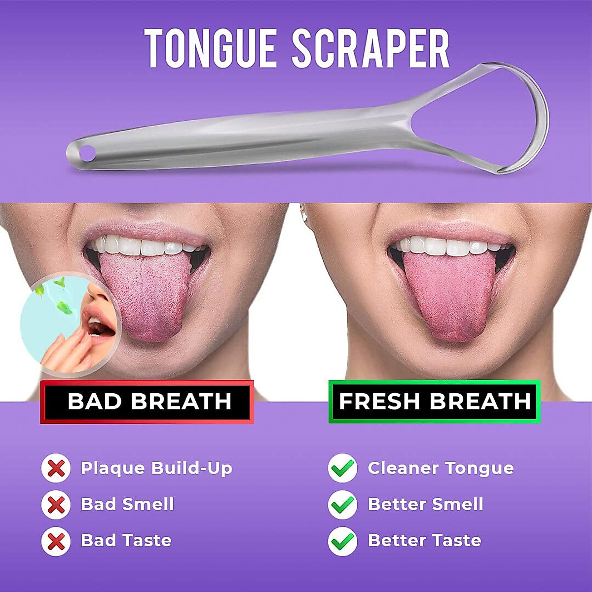 Tongue Scrapers 3 Pack, Single Handle Stainless Steel