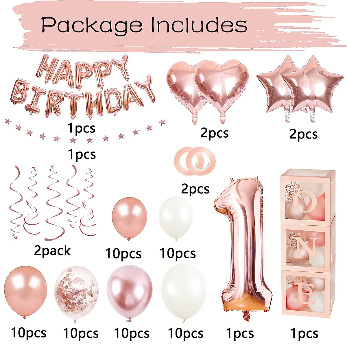 First Birthday Balloon Boxes Decorations for Girl, 72Pcs 1st Birthday Party Decorations Includes White Transparent Boxes Baby Rose Gold Balloons 40 Inch Foil Balloons 18 Inch HAPPY BIRTHDAY Foil