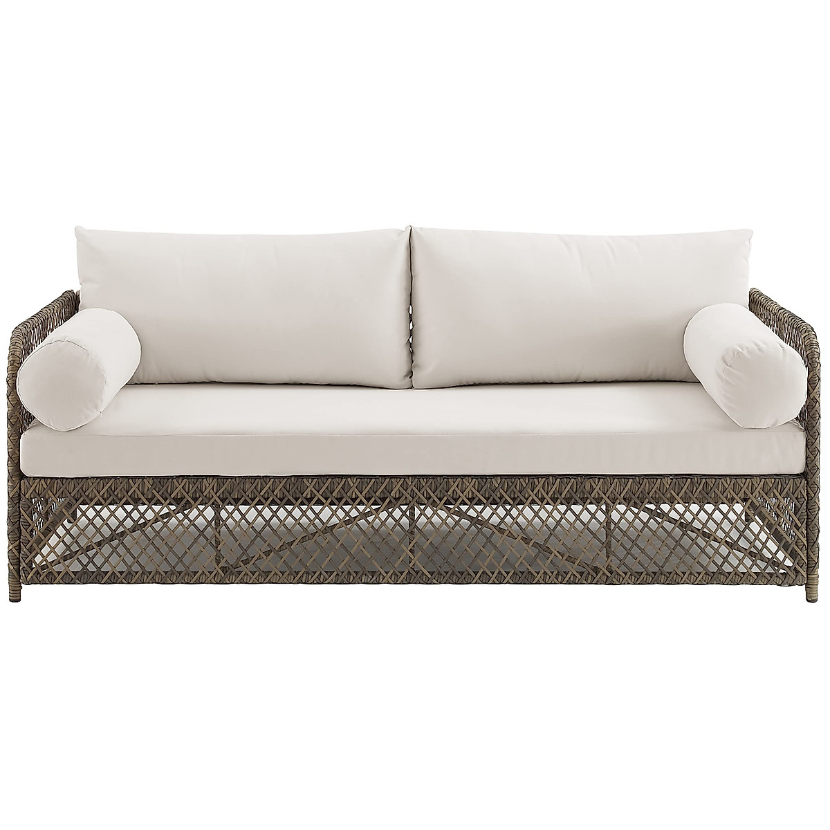 Crosley Furniture Granite Bay Wicker Outdoor Sofa, 3-Person Patio Couch for Porch, Deck, Backyard, Stone with Crème Cushions