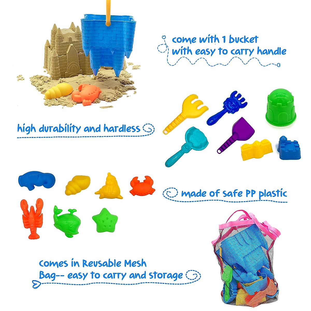 Beach Sand Toys for Kids, 27 pcs Beach Toys Castle Molds Sand Molds, Beach Bucket, Beach Shovel Tool Kit, Sandbox Toys for Toddlers, Beach Accessories Outdoor Indoor Play Gift 1 Bonus Mesh Bag