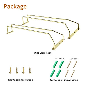 MATILODI 2 Pack 13.8-Inch Long Single Rail Metal Wine Glass Rack - Under Cabinet Gold Stemware Wine Glass Holder with Gold Screw - Metal Wire Wine Glass Hanger for RV Cabinet Kitchen Bar (Gold,2)