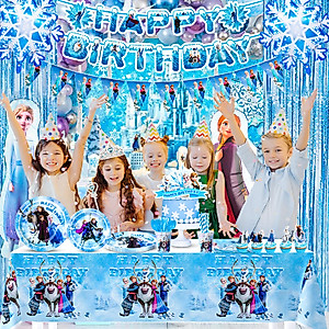 Frozen Birthday Party Supplies,145pcs Frozen Party Decorations&Tableware Set-Frozen Themed Birthday Banner Balloons&Frozen Party Plates Cup Tablecloth etc Anna and Elsa Birthday Decorations
