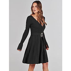 ANRABESS Sweater Dress for Women 2023 Fall Fashion Long Sleeve V Neck Tie Waist A-Line Pleated Swing Sexy Elegant Ribbed Knit Midi Formal Wedding Guest Dresses 1195heise-M Black