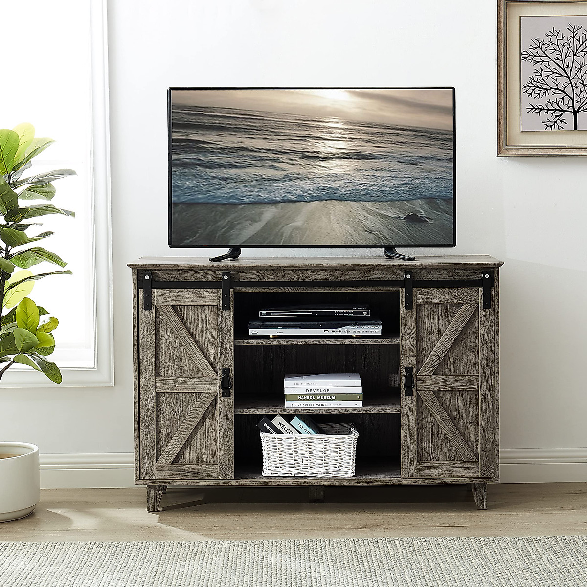 GOOD & GRACIOUS Sideboard for Livingroom, 50 inch Farmhouse TV Stand with Sliding Barn Doors, Sideboard Buffet 3-Tier Storage Cabinet for Kitchen