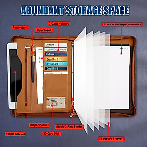 Deziliao 3-Ring Padfolio Portfolio Binder Organizer, Document Organizer Folio, 10.4 Inch PU Leather Business Portfolio with Zipper, Business Planner Notebook Organizer for Women/Men（Brown）